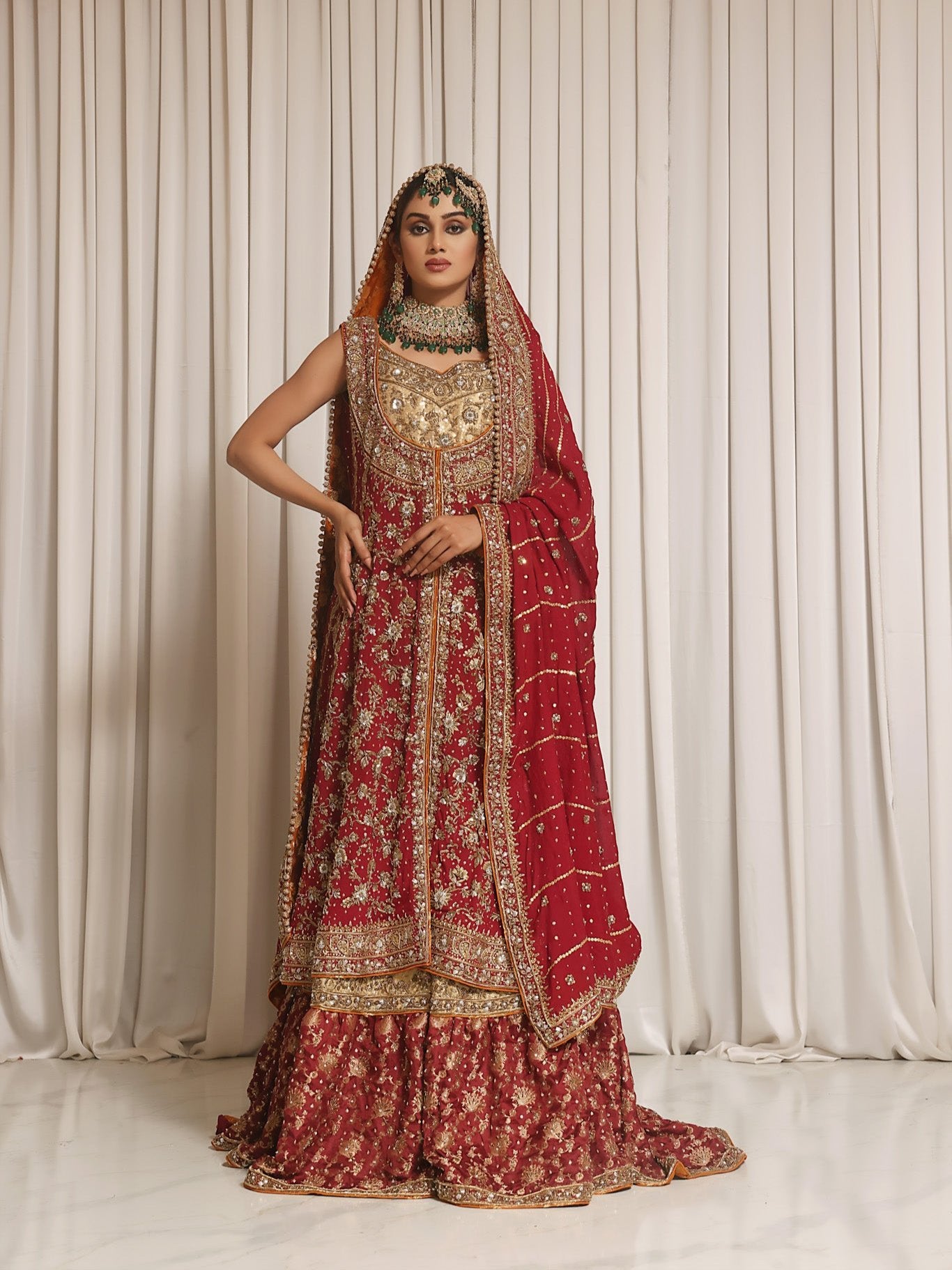 Ziba- Deep Red Pakistani Bridal Lehengas in USA – Karigur